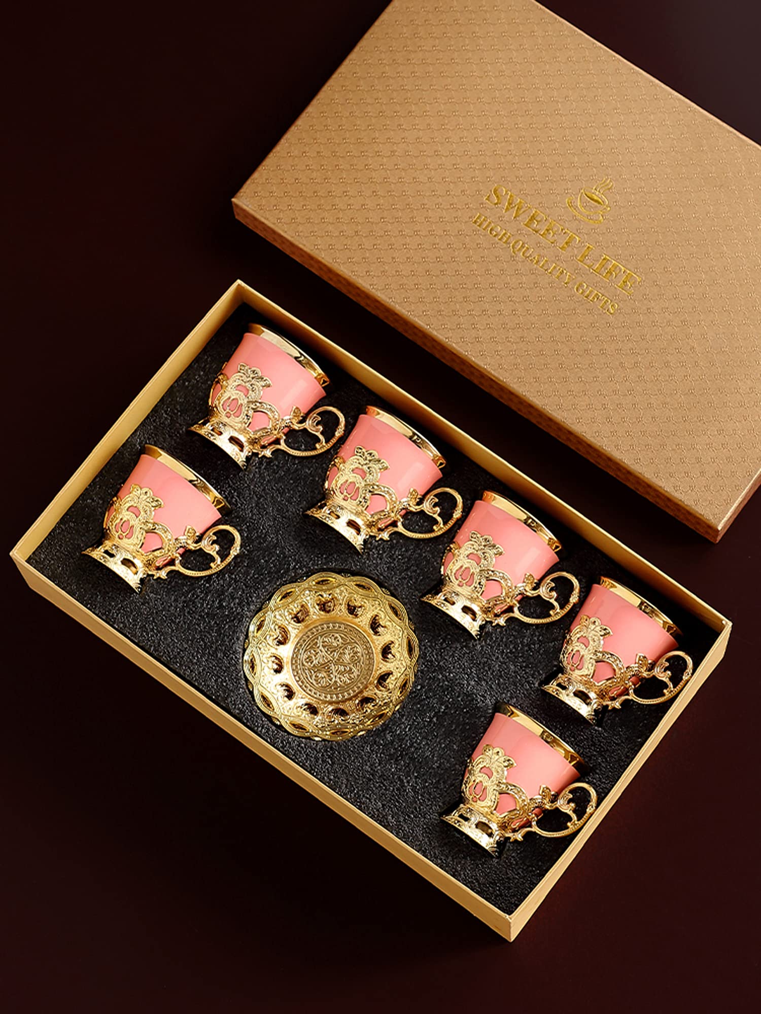 CMDHY Espresso Turkish Coffee Cups and Saucers for Women Tea Cups Set of 6 with Gift Box 2.8 Ounces (White-Golden)