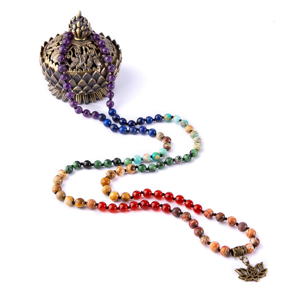 Bivei 7 Chakra 108 Mala Beads Bracelet Real Healing Gemstone Yoga Meditation Hand Knotted Mala Prayer Bead Necklace(Lotus OM-6mm beads)