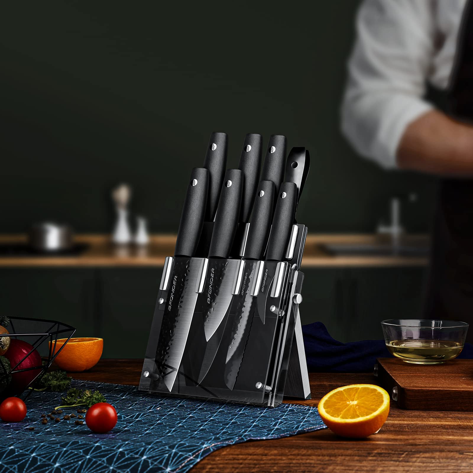 Bfonder 11pcs Kitchen Knife Set Knife Block Set with Sharpener Black, Japanese Knife Set with Block Stainless Steel Knives with Stylish Modern Acrylic Stand