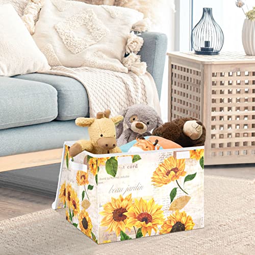 Decorative Storage Bins for Closet, Sunflower Retro Pattern Collapsible Storage Baskets with Lids and Handles for Shelves Closet Home Decor