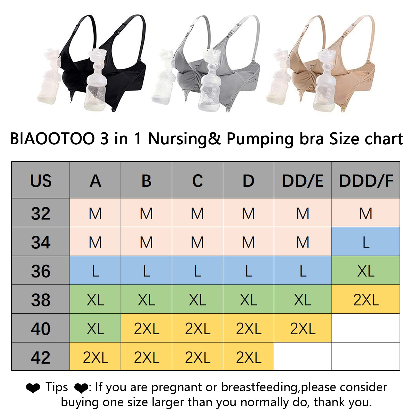 BIAOOTOO Pumping Bra Hands Free, Adjustable Breast-Pumps Holding and Nursing Bra, Suitable for Most Breast Pumps(Black+Beige, M)