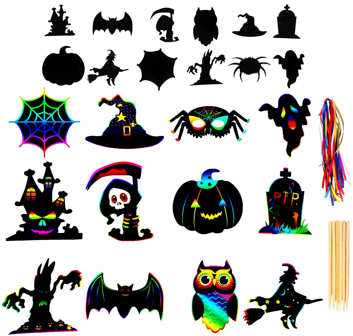 LOKIPA Halloween Scratch Paper, 72 Pieces Magic Rainbow Scratch Off Art Cards Ornaments for Kids Halloween Crafts