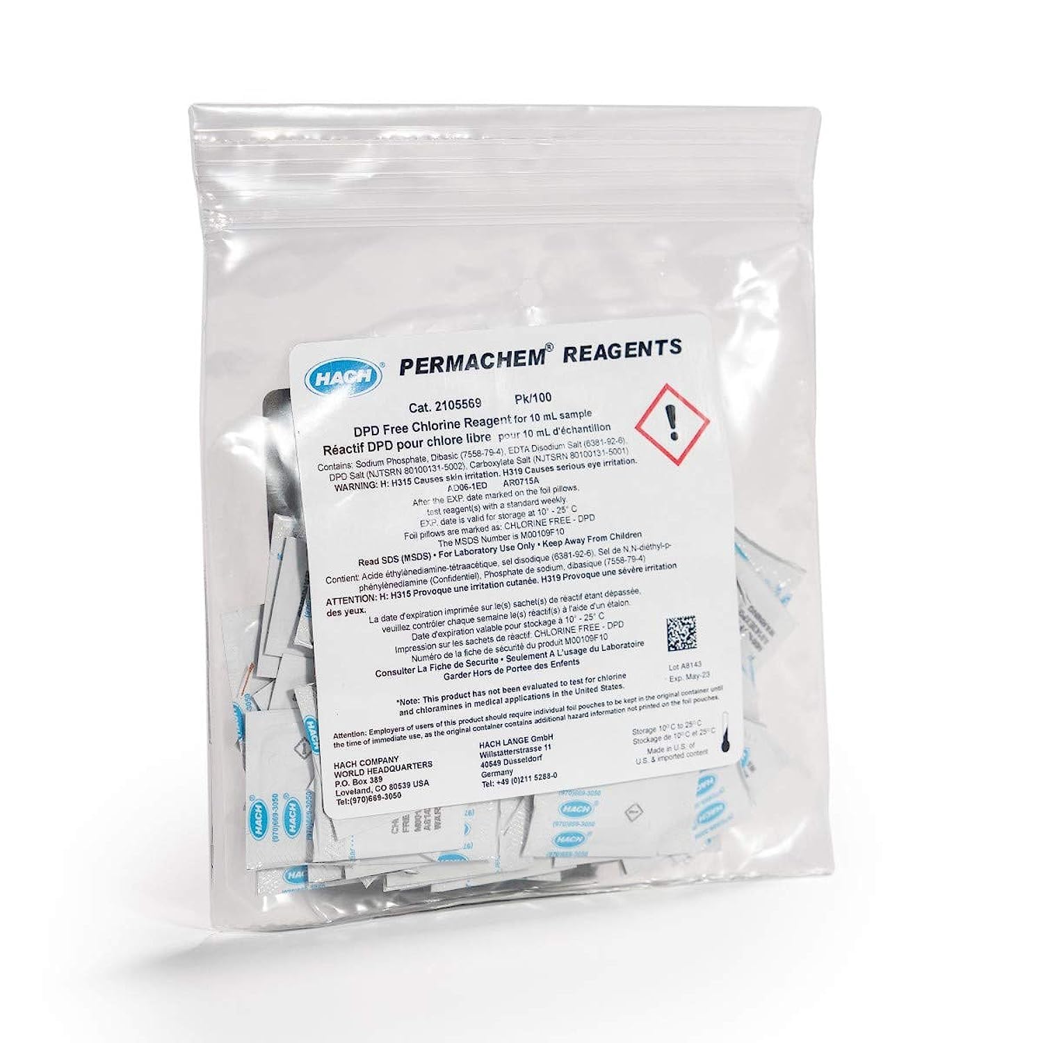 Hach 2105569 DPD Free Chlorine Reagent Powder Pillows, 10 mL, (Pack of 100)