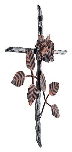 Top Brass Decorative Floral Wall Cross - Welded Wrought Iron - Leaves, Branches and Flowers Religious Metal Art Sculpture - Antique Silver/Copper Finish (Leaves and Rose)