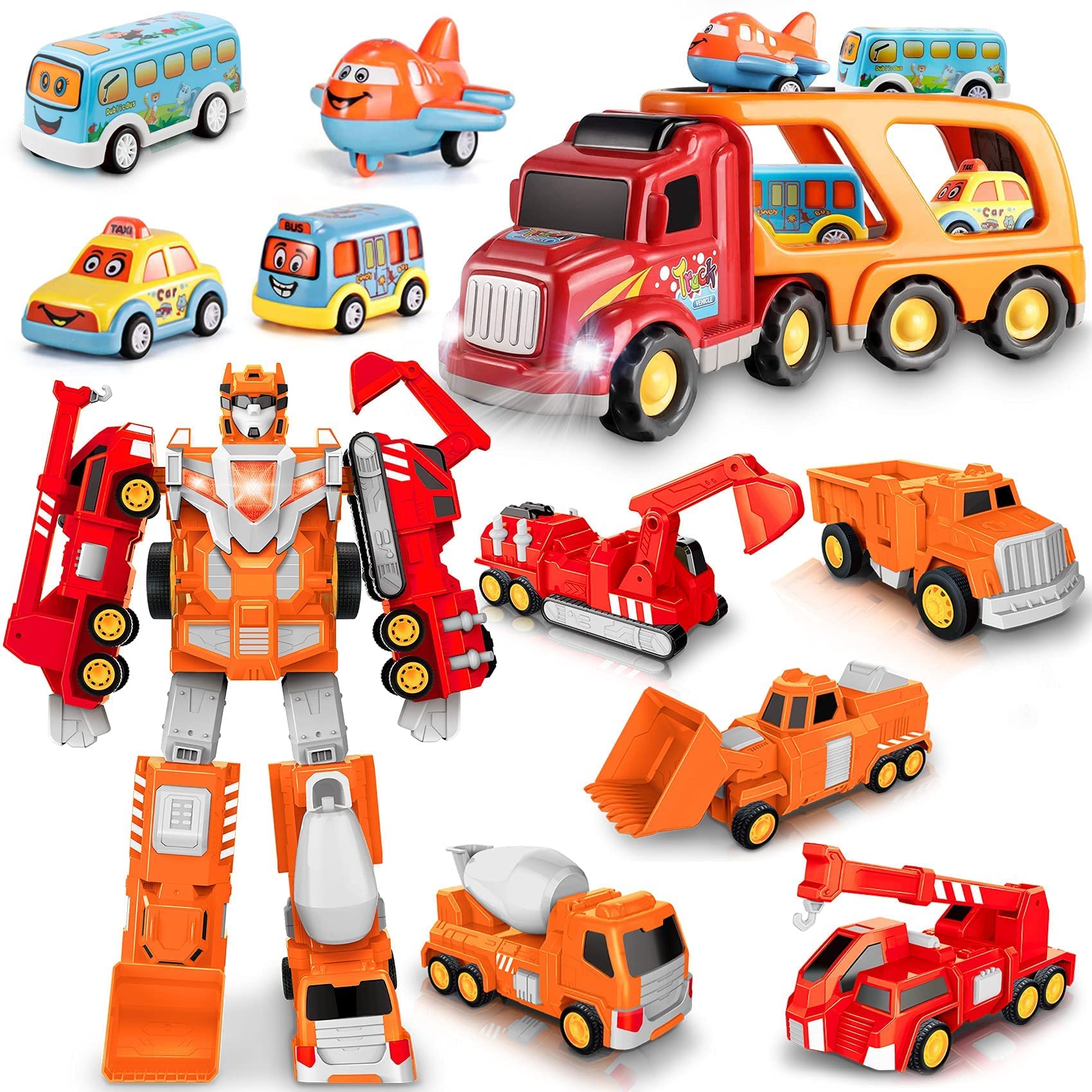 Nicmore Construction Toys Truck Transform into Robot Bundle with Toys Vehicle Carrier Truck 3 4 5 6 Year Old Boys Girls Kids Toddlers 5 in 1 Toys Vehicles Christmas Birthday Gifts for Boys Girls