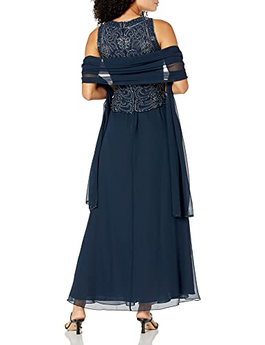 J Kara Women's Sleeveless Scallop Long Beaded Dress W/Scarf, Navy/Grey, 12