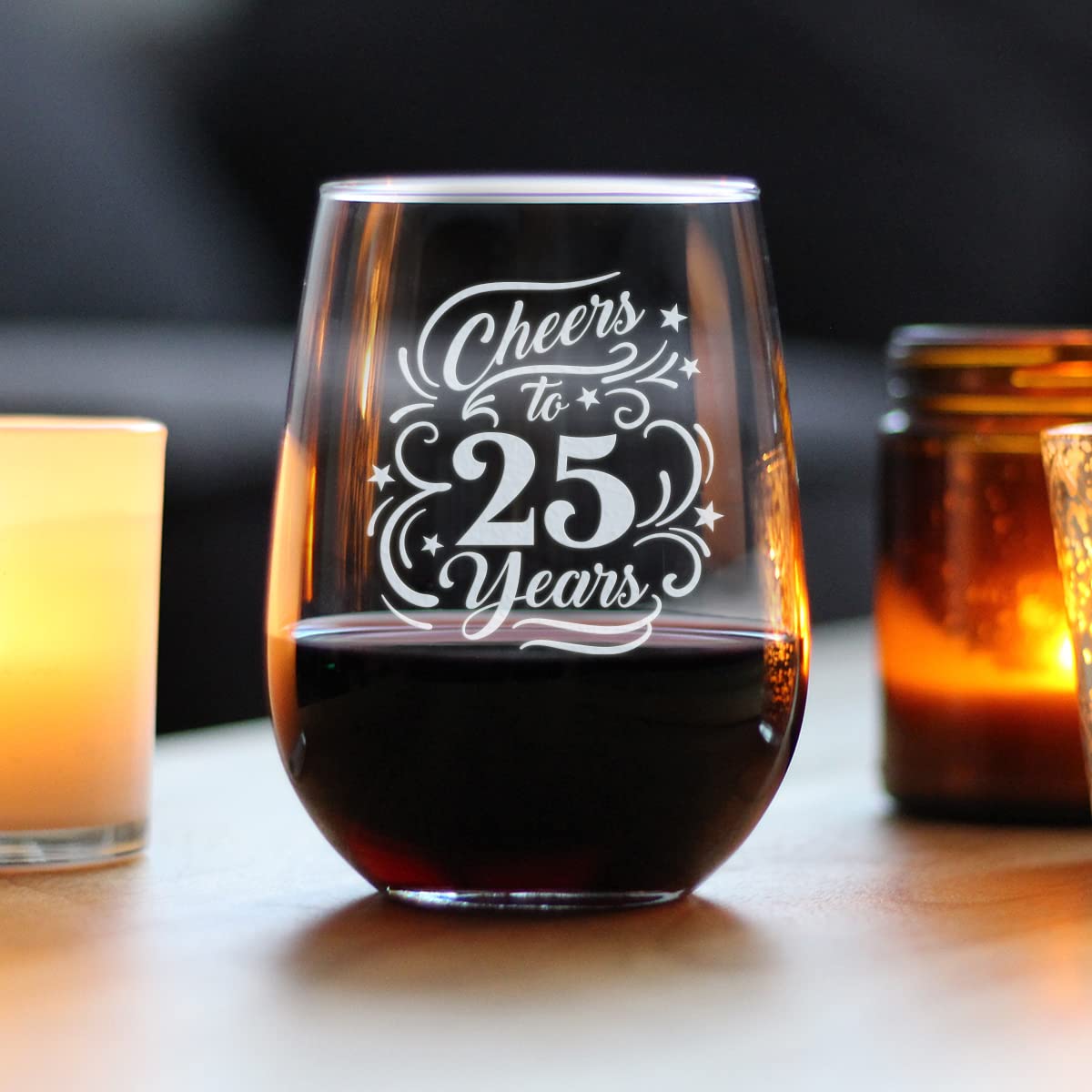 Cheers to 25 Years - Stemless Wine Glass Gifts for Women & Men - 25th Anniversary Party Decor - Large 17 Oz Glasses