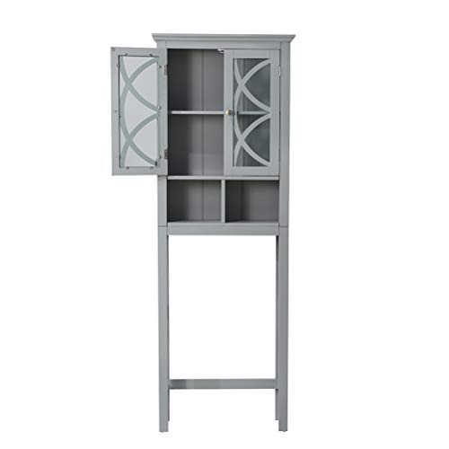 glitzhome 68.25 Inch Wooden Free Standing Storage Cabinet with Double Glass Doors Bathroom Cabinet Spacesaver Grey