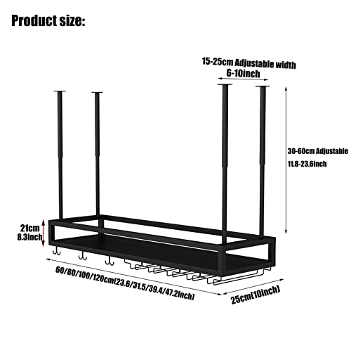 DICKIS Hanging Wine Rack with Glass Holder and Shelf, Adjustable Height and Width Metal Ceiling Bar Wine Glass Rack, Industrial Wall Mounted Wine and Glass Rack (Color : Black, Size : 100x25x21cm)