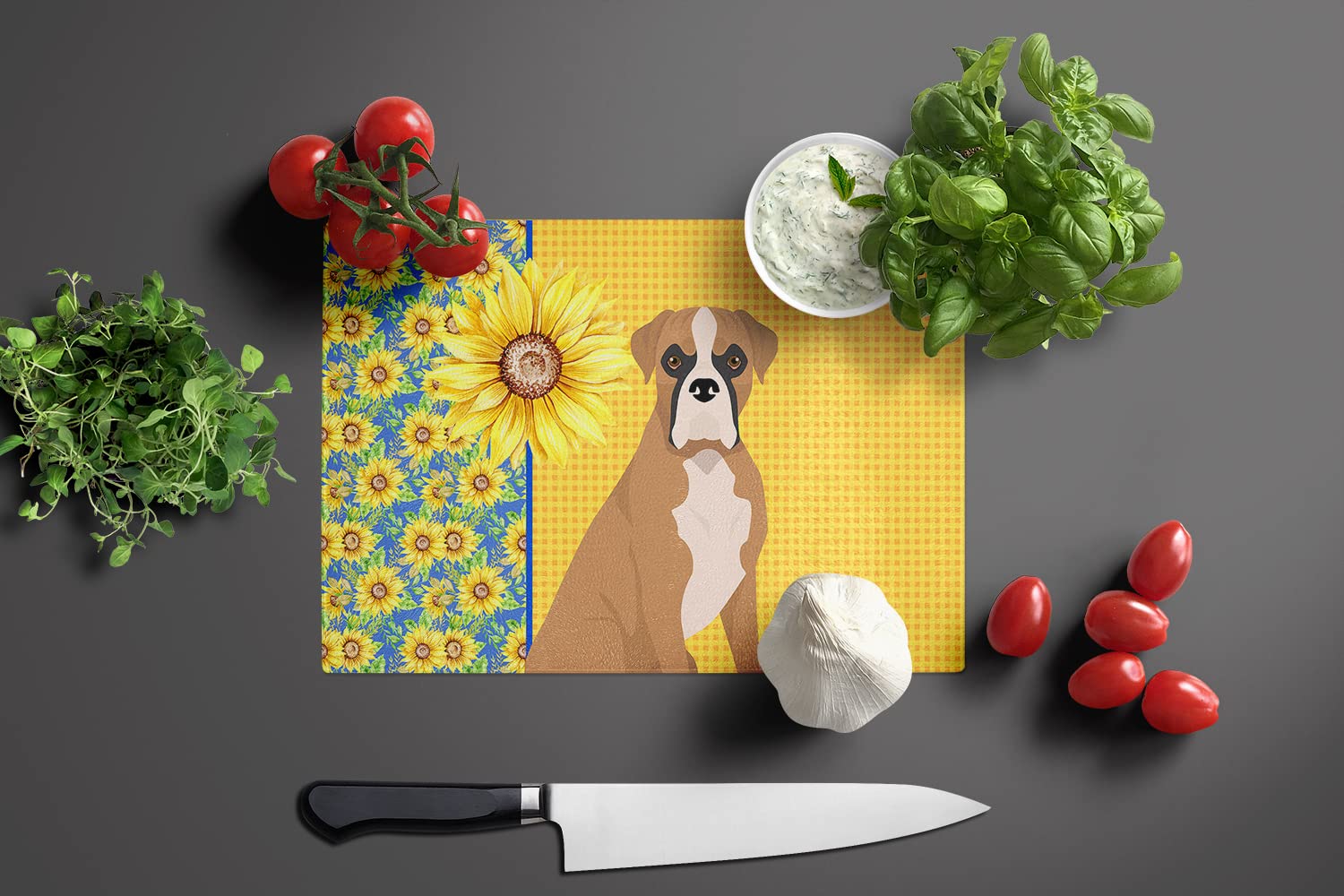 Caroline's Treasures WDK5340LCB Summer Sunflowers Natural Eared Fawn Boxer Glass Cutting Board Large Decorative Tempered Glass Kitchen Cutting and Serving Board Large Size Chopping Board