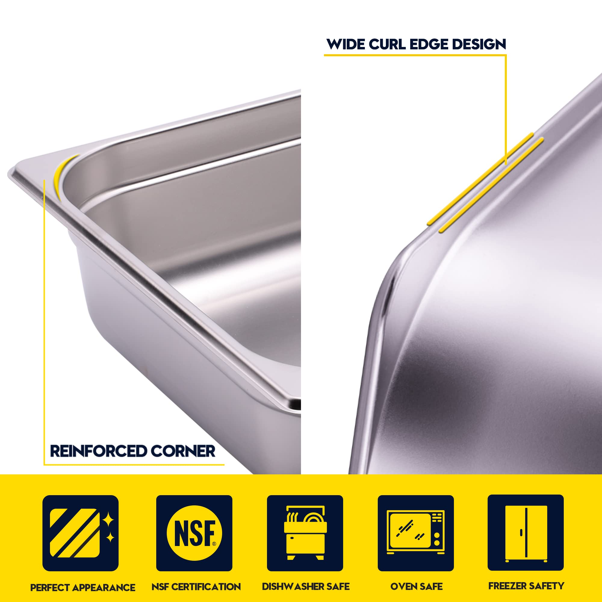 BIEAMA 6-Pack Hotel Pans with Lid, 1/2 Size 4" Deep, NSF, Catering Food Pan, Commercial Stainless Steel Pan with Cover