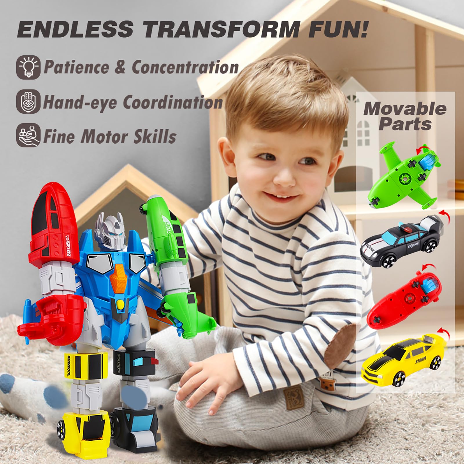QUERCITRON 5-in-1 Magnetic Vehicles Playset Toy, Transform to Robot, Mix & Match Assembling Building Action Figures Kit with Storage Box, Holiday Birthday Present for Kids, Boys & Girls 3 4 5 6 7 Year
