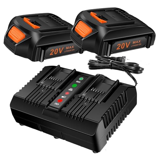 Cell9102 Replacement 2Packs Worx 20V Battery and Charger Starter Kit, WA3520 Lithium Battery and Dual Port 2 Hour Charger WA3875 Compatible with Worx 20-Volt Cordless Power Tools