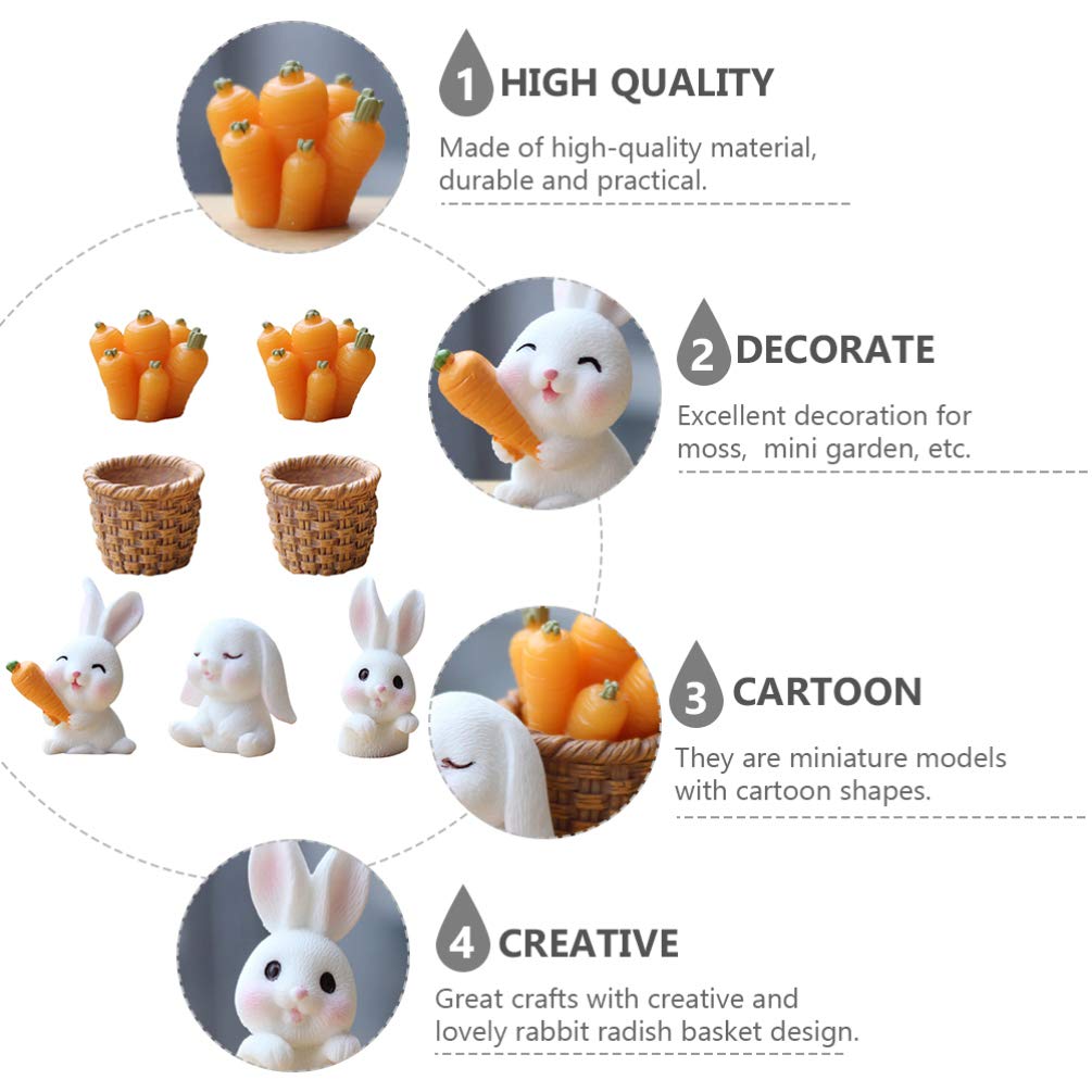 PRETYZOOM Easter Decoration Kit Bunny Miniature Straw Basket Carraot Figures Rabbit Bunny Fairy Garden Decor Dollhouse Ornament Micro Landscape Decor Cake Topper 7pcs