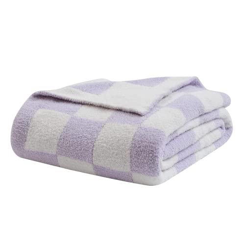 DOOWELL Checkered Blanket Throw Soft Knit Blanket with Checkerboard Grid Pattern for Couch Sofa Bed Camping Travel Gift (Purple, 50"x60")