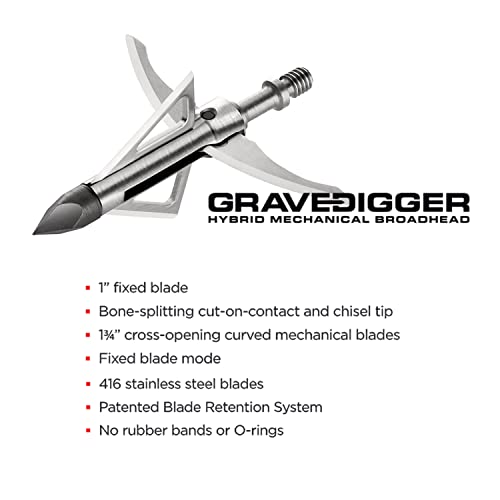 BLOODSPORT Gravedigger 4-Blade Hunting Hybrid Mechanical Broadhead with Chisel Tip - 125 Grains , 1" Fixed 1.75" Mechanical Cutting Diameter, 3 Pack