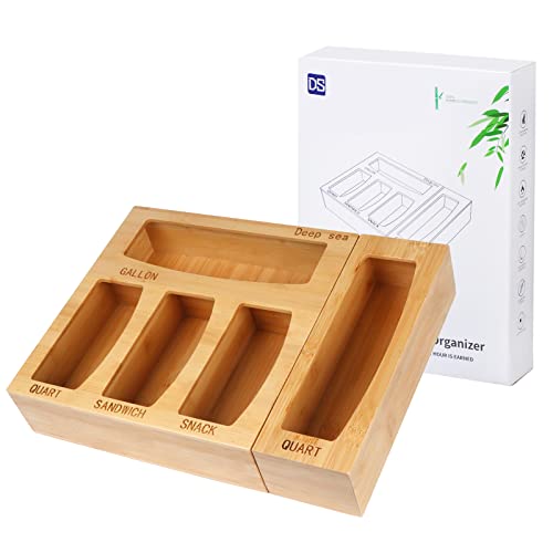 Deep sea Ziplock Bag Storage Organizer and Dispenser for Kitchen Drawer, Bamboo Kitchen Food Storage Bag Holders Compatible with Gallon Quart Snack Bags & Sandwich