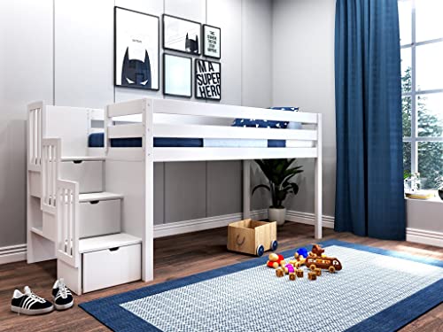 JACKPOT! Contemporary Low Loft Twin Bed with Stairway, Loft Bed, White
