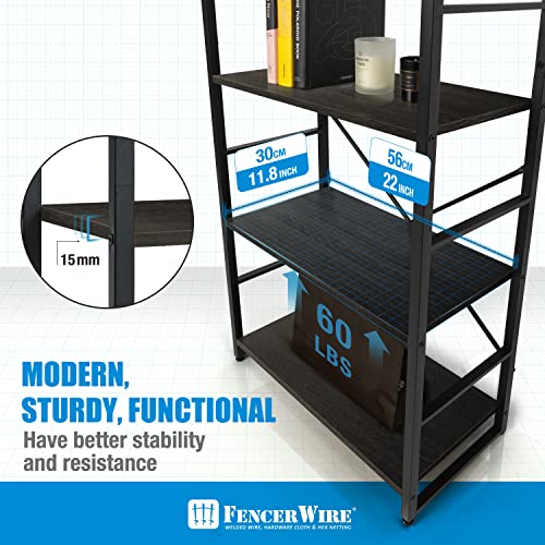 Fencer Wire 4 Tier Free Standing Shelf, 24 Inch Width Bookshelf, Bookcase Shelf Storage Organizer, Industrial Book Shelves for Home Office, Living Room, Kitchen, Black Wooden Shelves & Metal Frame