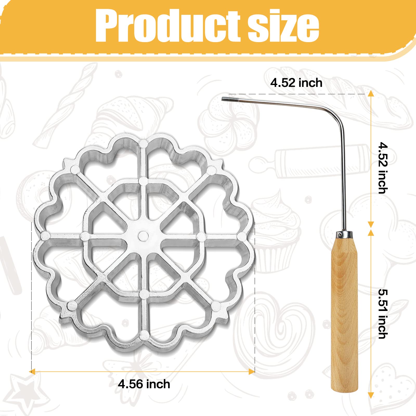 Bunuelos Mold Rosette Iron Molds Set with Wooden Handle, Lotus Flower Bunuelos Cookie Maker Mold, Funnel Cake Maker Cooking Stamp Maker Kit,4.7 Inches