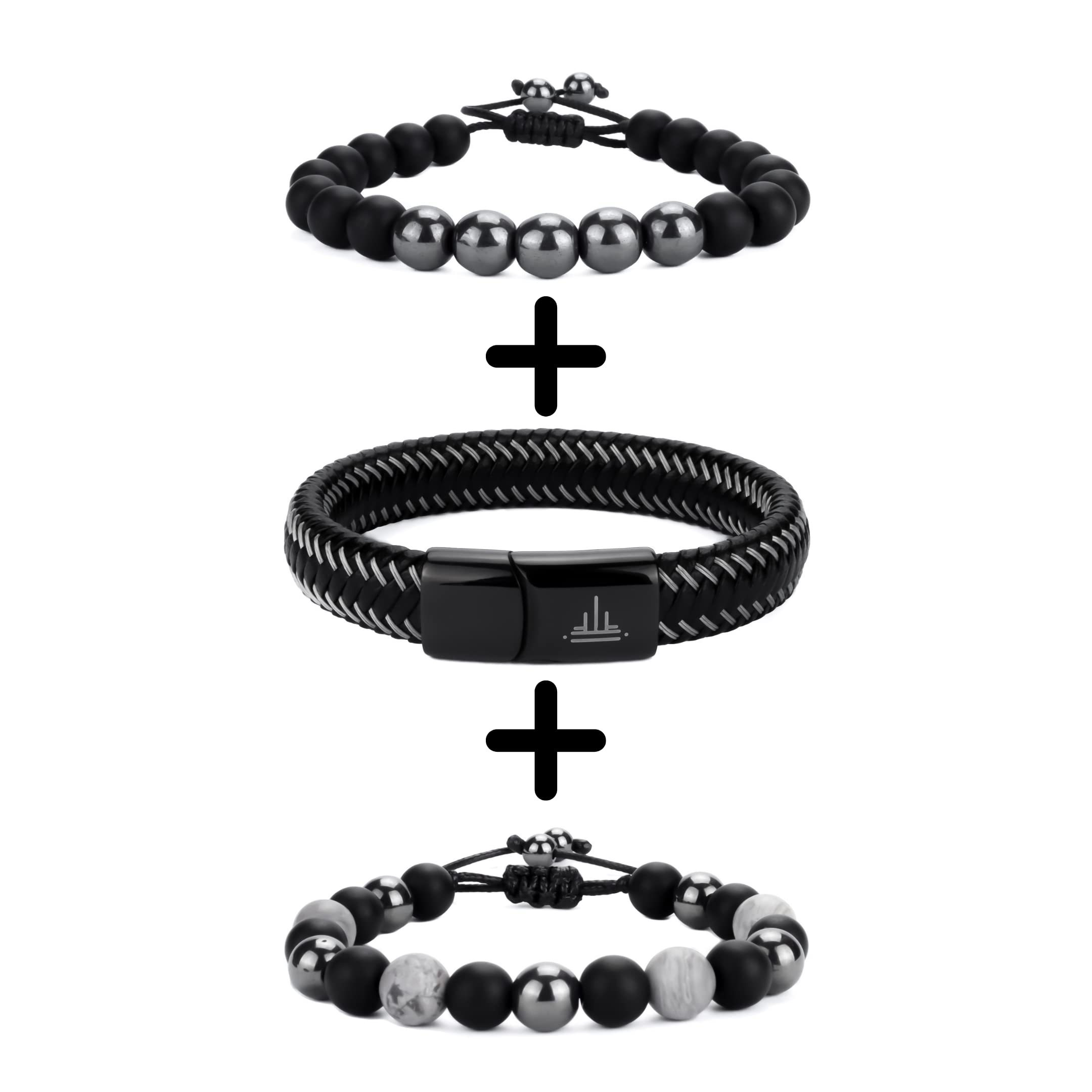 CG85 Genuine black leather bracelet with silver stainless steel thread and black steel clasp, plus 2 handwoven stone beads bracelets (3 pieces)