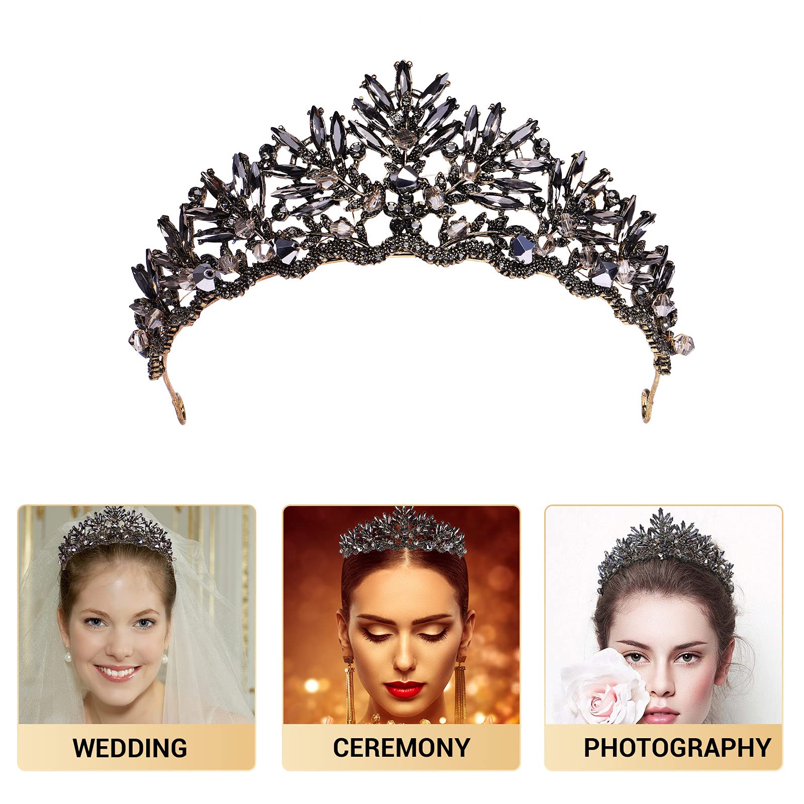 Beaupretty Baroque Queen Crown Crystal Wedding Crown for Women Gothic Baroque Crown Vintage Headband Luxury Headpiece for Wedding Prom Halloween Costume(Black)