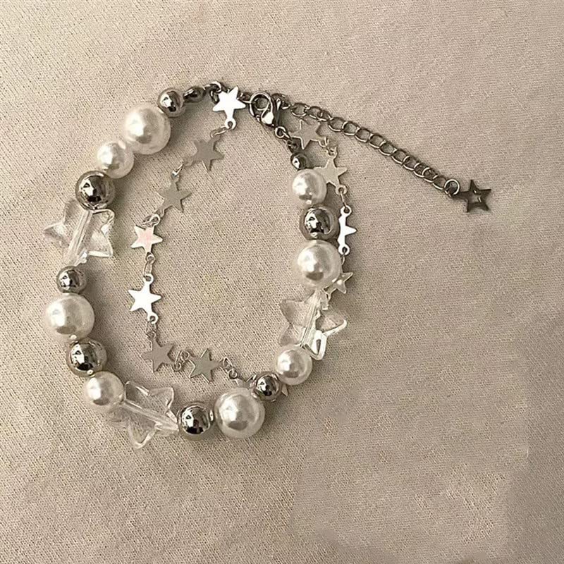 Fuqimanman2020 Y2k Star Silver Beaded Chain Charm Bracelet Aesthetic Grunge Gift for Women-A
