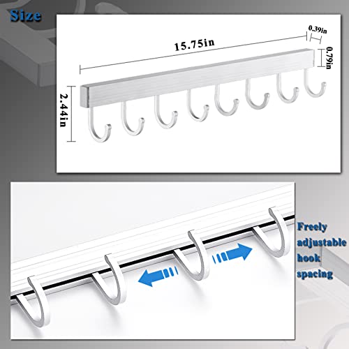 NC Kitchen Towel Hook Self Adhesive Installation,with 8 Slide Hooks, Kitchen Must Haves,Door,Key,Bathroom Coat Rack Hook Space Aluminum Wall Bathroom Hat Hook.(15.75 inch with 8 Hook, Silver White)