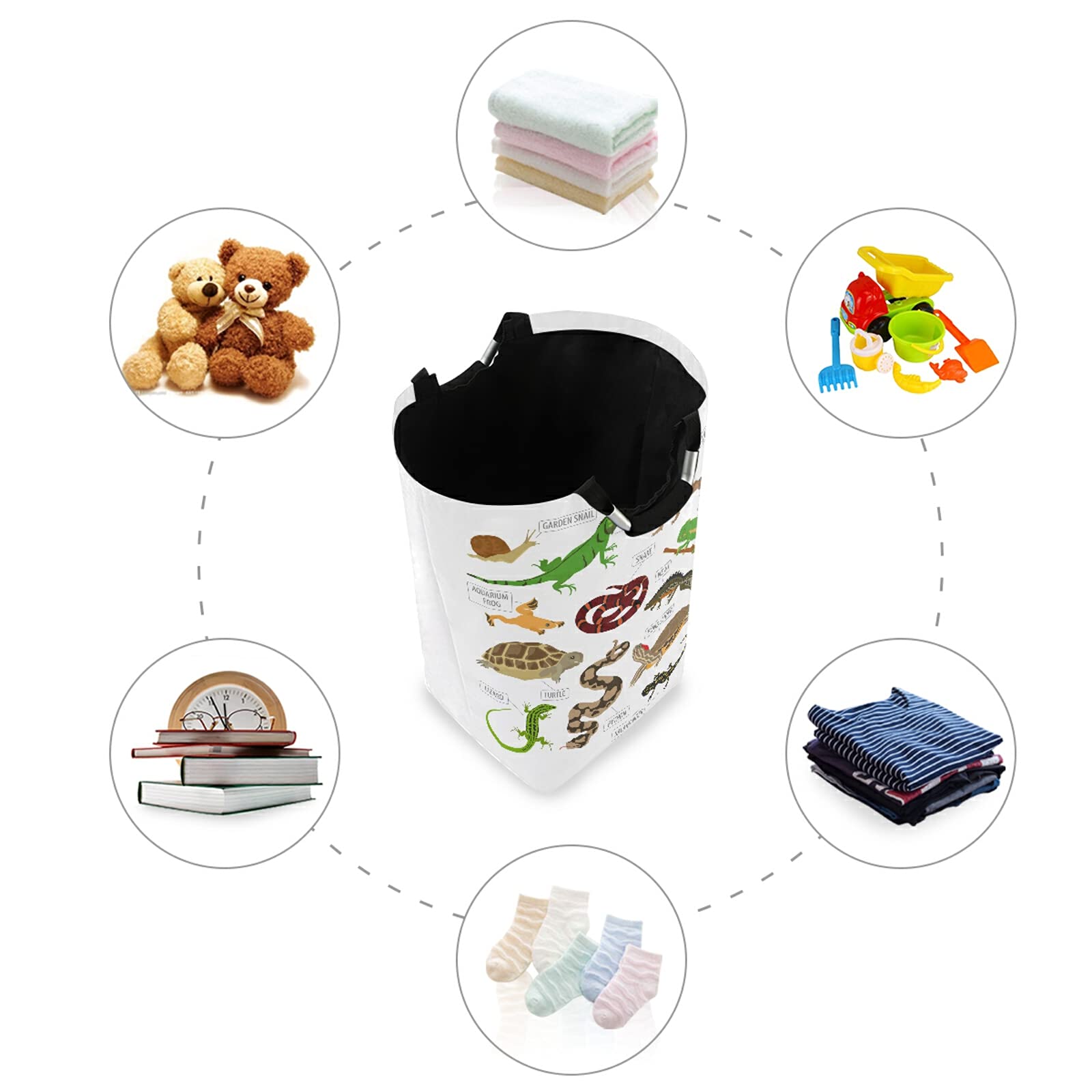 Green and Brown Pet Reptiles Frog Iguana Lizard Snake Newt Turtle Laundry Hamper Basket Bucket, Foldable Dirty Clothes Bag, Waterproof Fabric Washing Bin, Toy Storage with Handles for Bathroom