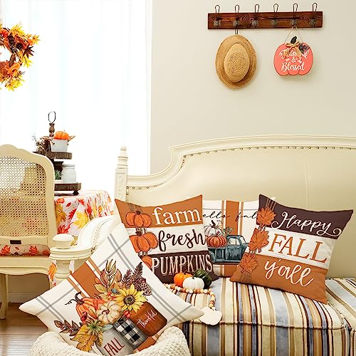 GEEORY Fall Pillow Covers 18 x 18 Inch Set of 4, Happy Fall Y'all Stripes Pumpkins Mason Jar Thankful Decor, Cushion Cases for Farmhouse Home Party Sofa Couch (Brown) G355-18