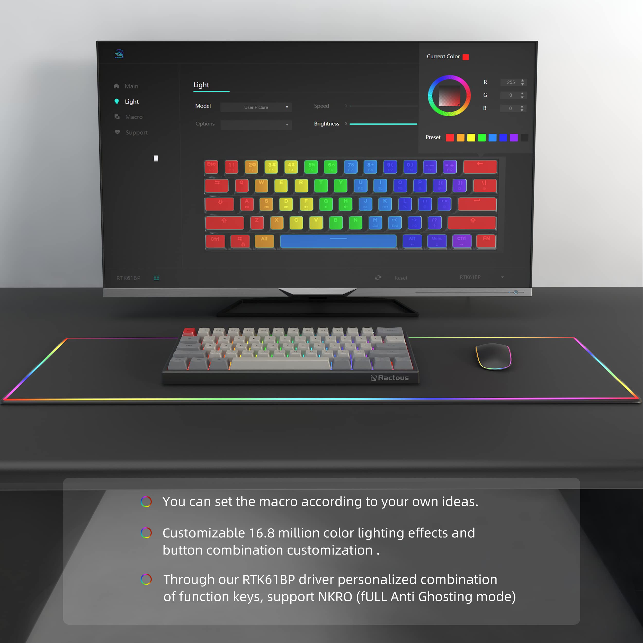 Ractous RTK61BP 60% Wireless Mechanical Gaming Keyboard,RGB Blacklit PBT Sublimation Keycaps 61keys Bluetooth5.1/Wried Gaming Keyboard for PC/Mac Gamers,Hot-Swap Gateron Optical Bule Switch-Black