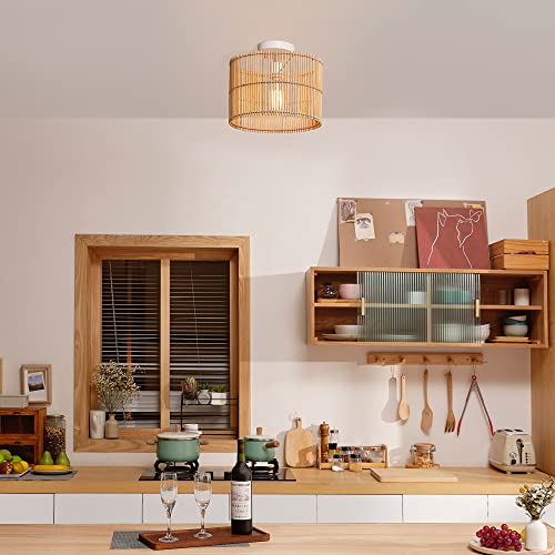 Globe Electric 65901 1-Light Flush Mount Ceiling Light, Matte White, Natural Bamboo Shade, Bulb Not Included