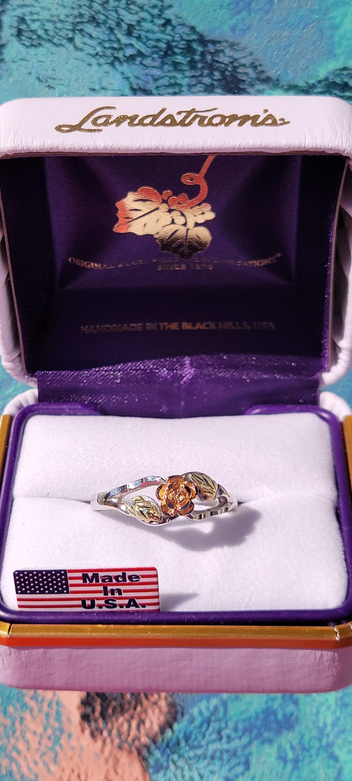 Blooms Rose Flower Diamond-Cut Ring, Sterling Silver, 12k Green and Rose Black Hills Gold Size 7