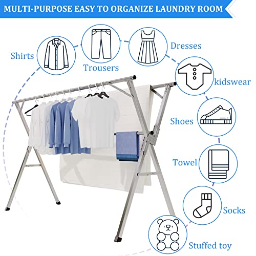 HJWTCQL 95IN (150-240cm) Clothes Drying Rack,Drying Rack Clothing Folding Indoor Outdoor,Heavy Duty Stainless Steel Laundry Drying Rack(10.38pounds) with Clothes Drying Rack Windproof Hooks 30pc