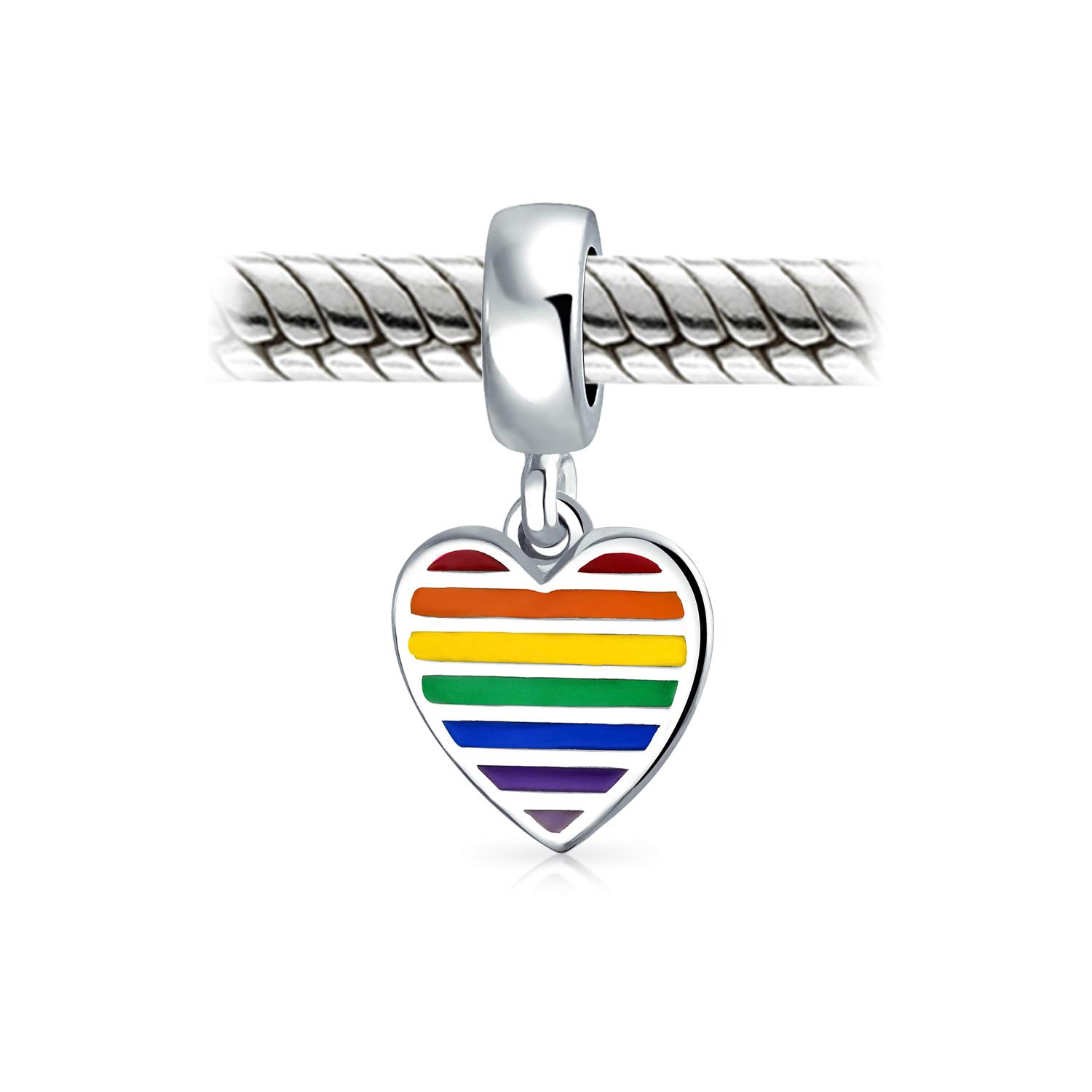 Bling Jewelry Unisex .925 Sterling Silver Inspiration LGBTQ Rights Symbol Rainbow Disc Tag Heart Dangle Bead Charm Personalized Engraved