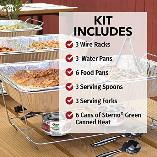 Sterno Party Pack Disposable Aluminum Chafing Dish Buffet Set with Green Canned Heat Warmers, Wire Racks, Foil Pans, and Serving Utensils, 3 Pack, Silver