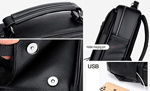 HKZHITOU Vintage Leather Laptop Backpack For Men,Men Black Leather College Backpack Travel Waterproof Bags Fit 15.6 Inch Notebook