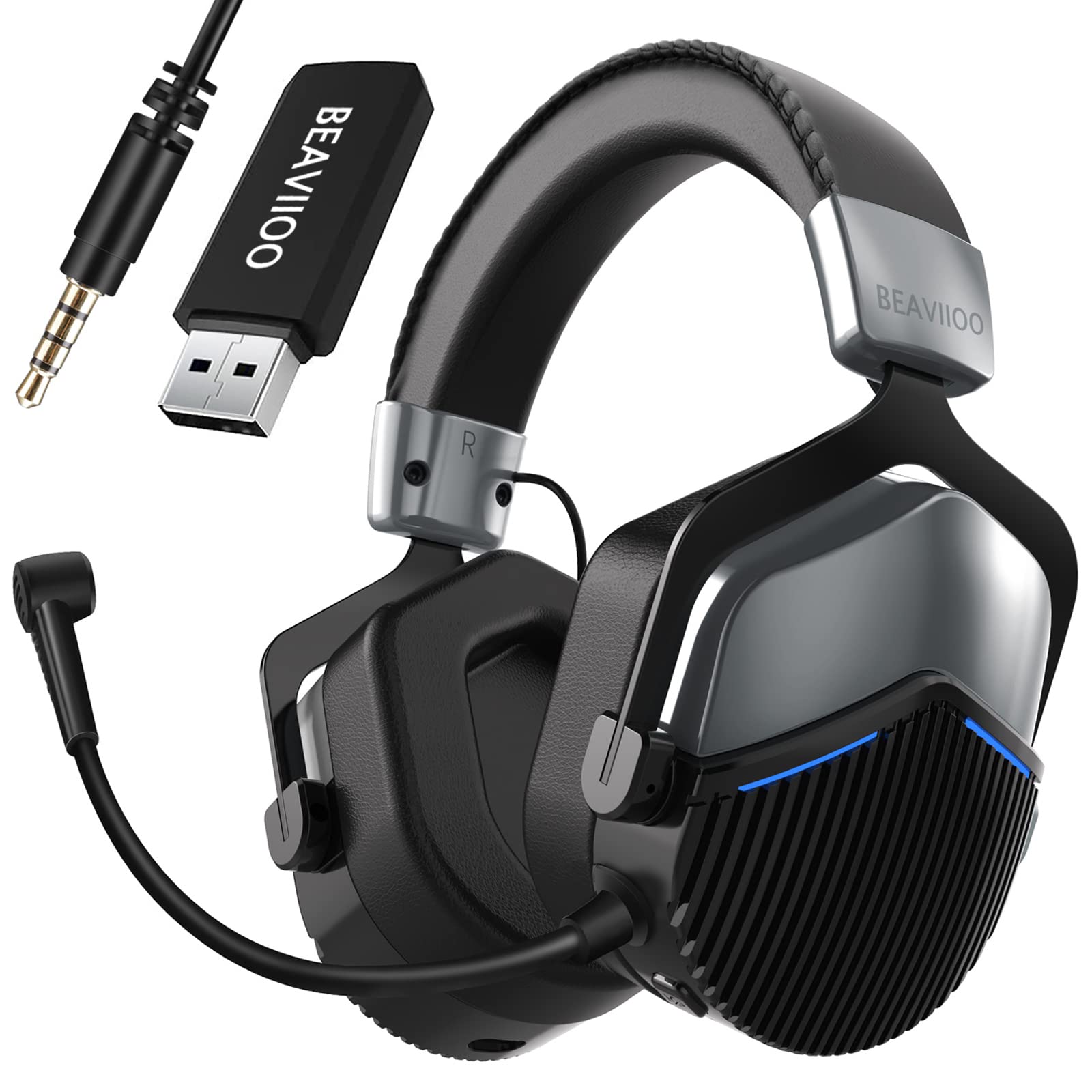 BEAVIIOO 5.8G Wireless Gaming Headset for PS4/PS5/PC/Switch, Stable Lossless Gaming Headphones, USB Dongle with Ultra Comfortable Immersive Air Ear Cushions and Noise Cancelling Microphone Black