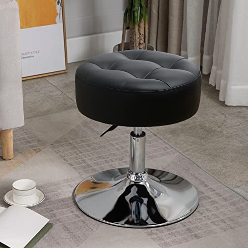 Furniliving PU Leather Vanity Chair, 360° Swivel Makeup Chair Adjustable Height Vanity Stool for Makeup Room, Round Modern Ottoman Stool Chair, Small Stool for Living Room, Bedroom, Black