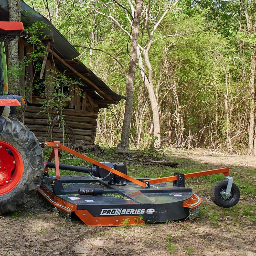 Titan Attachments 5 FT PRO Series Rotary Cutter, for Cat 1 Tractors with Rear 3 Point Hitch, Cast Iron Gear Box with Slip Clutch PTO Shaft, Brush Cutter Attachment, Mulches with Rear Discharge