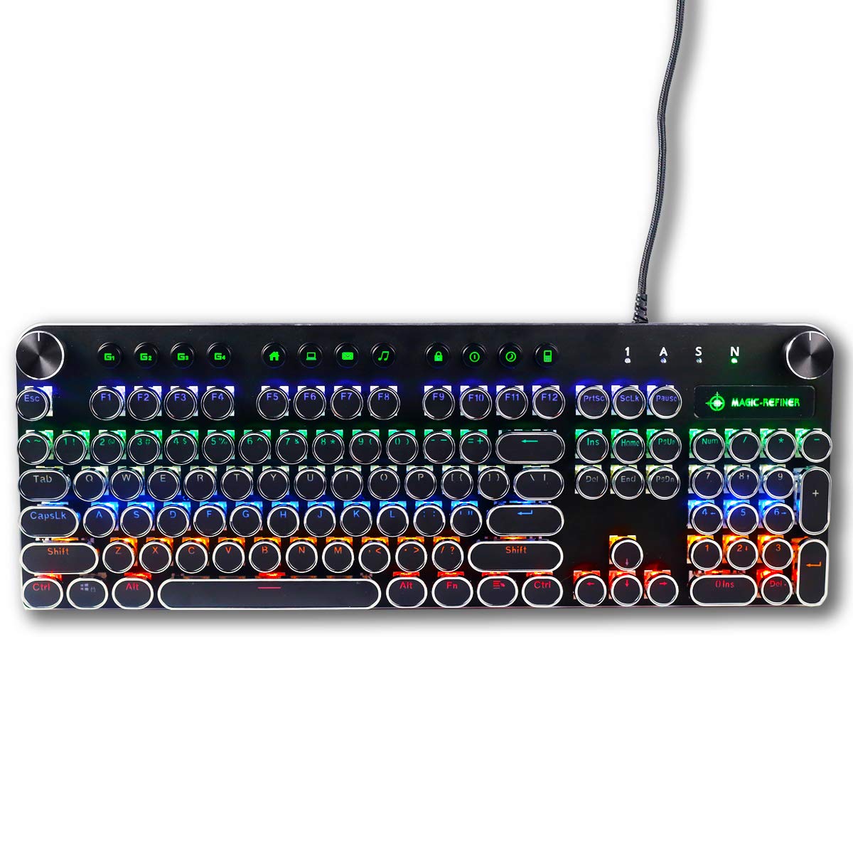 MK13 RGB Mechanical Keyboard Retro Gaming Keyboard-Blue Switches-LED Backlit -Silver-Plating-2 Knob and 12 Multimedia Buttons-104 Round Key Illuminated Keyboard for PC Gaming and MAC (MK13 Black)