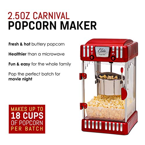 Elite Gourmet EPM-250# Electric Tabletop Popcorn Kettle Maker, Retro Carnival, Warming Light (2.5Oz, Red)