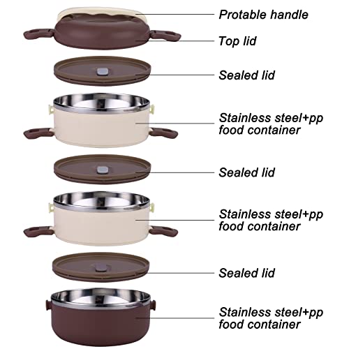 DILUOOU Stackable Lunch Box, 3 Tier Stainless Steel Thermal Lunch Box,Insulated Bento Lunch Box for Adult With Lunch Bag & Utensils (Brown)