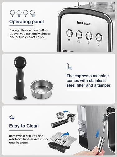 Ihomekee Espresso Machine 15 Bar, Coffee Maker for Cappuccino and Latte Maker with Milk Frother Steam Wand, Fast Heating Coffee Machine for Home, Office - CM6822, Silver