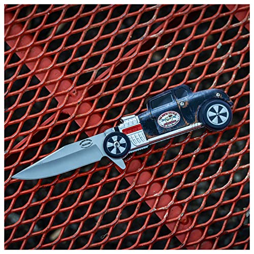 Busted Knuckle Garage - Spring Assisted Pocket Knife - Satin Finish Stainless Steel Blade, Aluminum Handle, Handle is Shaped Like Hot Rod, Liner Lock, Pocket Clip, Mechanic, Wrench Turners - BKG-A005
