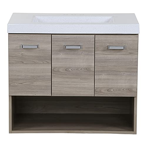 Spring Mill Cabinets Inna Floating Bathroom Vanity with 2-Door Cabinet, Drawer, Open Shelf, and White Sink Top, 30.5" W x 18.75" D x 26.27" H, Forest Elm