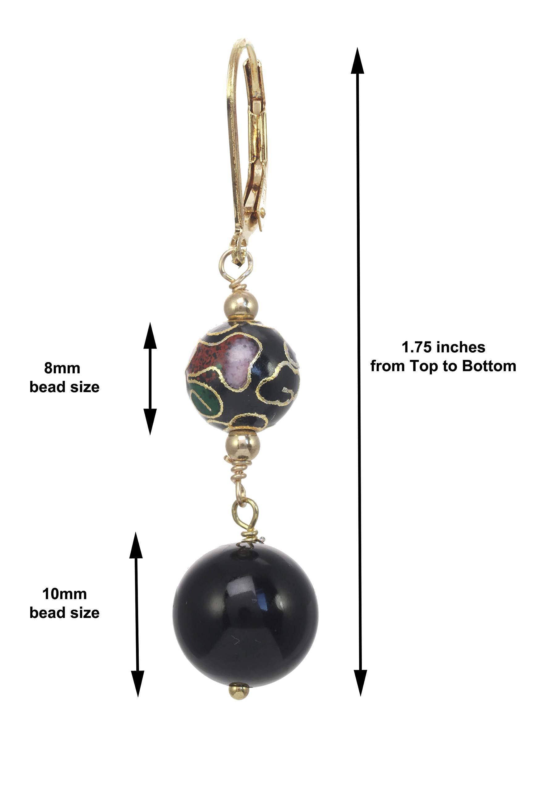 Black Agate and Cloisonné Lever-back Drop Earrings