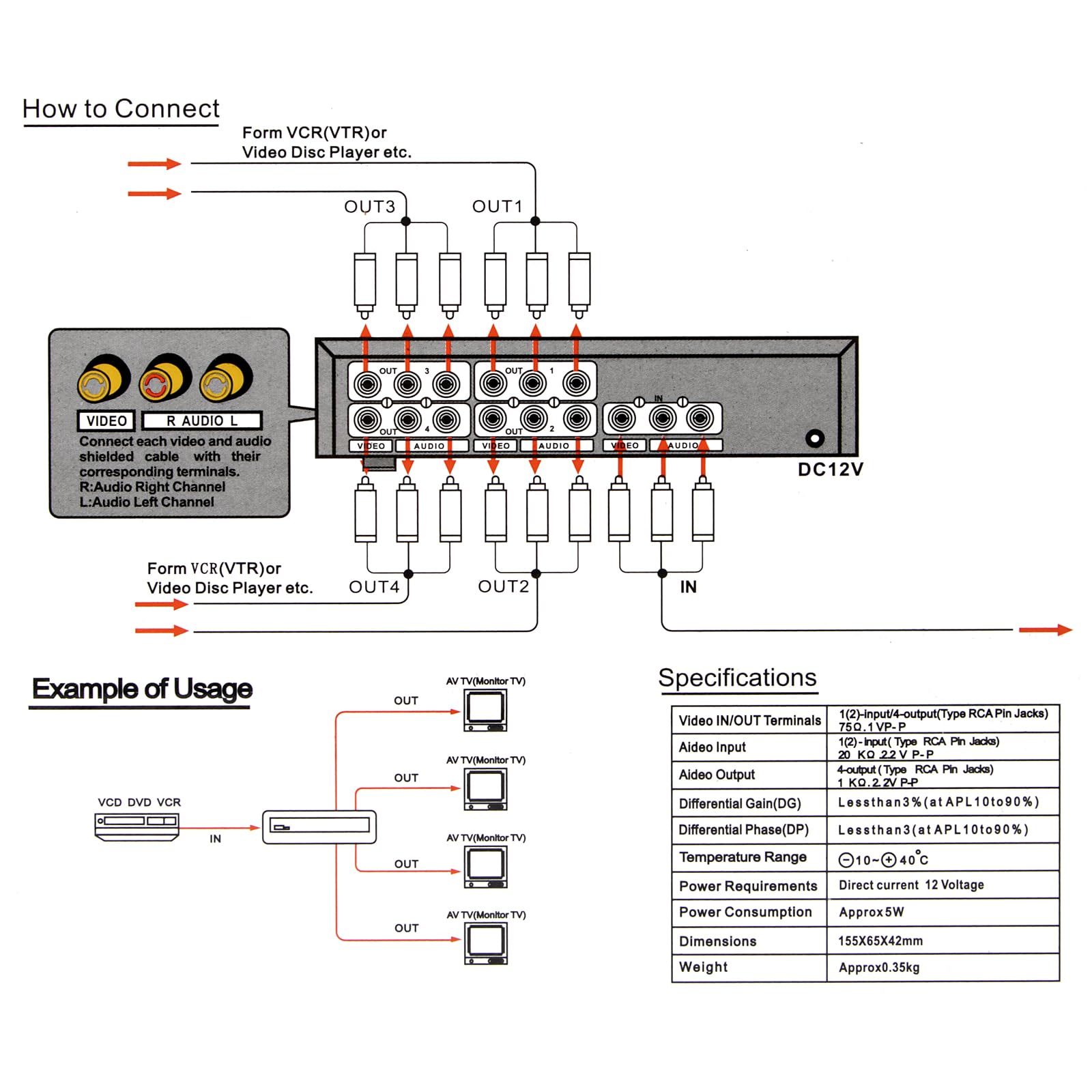 HONONJO AV SWITCHER 4 Way Converter Video Audio Selector for TV with Remote Control Video Switch Box (Electrical Volts: 110V)