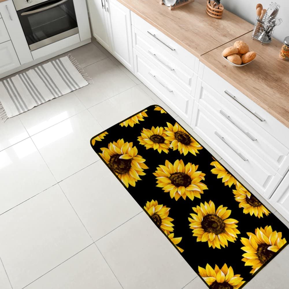 BVOGOS Kitchen Rug, Floor Mat Sunflower Black Design Non Slip Runner Doormat for Kitchen Bathroom Decor - 39 x 20 inches
