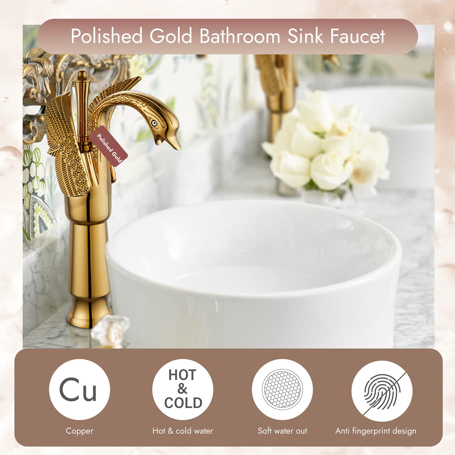 Cinwiny Swan Faucet Bathroom Sink Faucet Polished Gold Swan Shaped Single Handle One Hole Tall Lavatory Basin Tap Mixer Deck Mount Bird Faucet